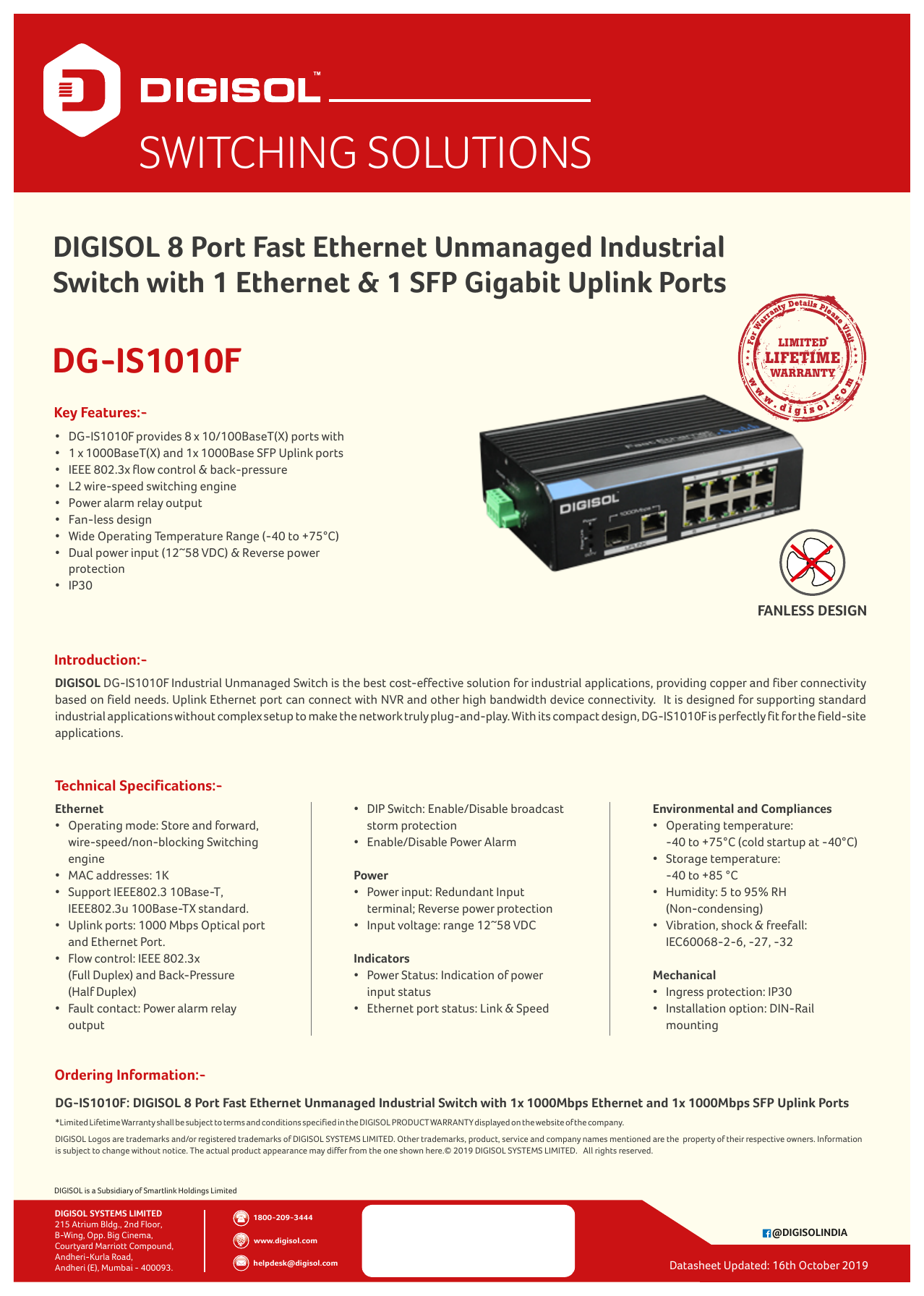 Digisol DG-IS1010F DIGISOL 8 Port Fast Ethernet Unmanaged Industrial ...
