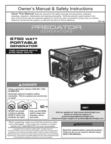 Predator 69677 8750 Watt Max Starting Gas Powered Generator - CARB ...