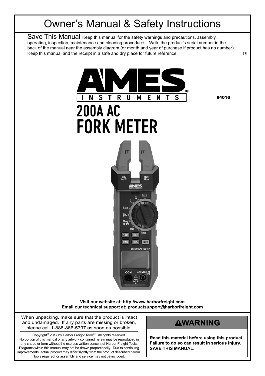 Ames 64016 Cm200a 200a Fork Style Clamp Meter Owners Manual Manualzz
