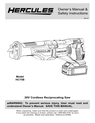 Hercules 64986 20v Lithium-Ion Cordless Reciprocating Saw Owner's ...