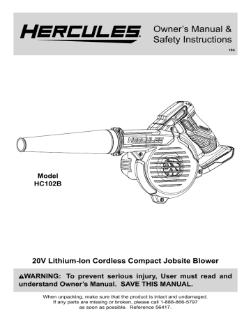 Hercules 56417 20v Lithium-Ion Cordless Compact 200 MPH Jobsite Blower ...