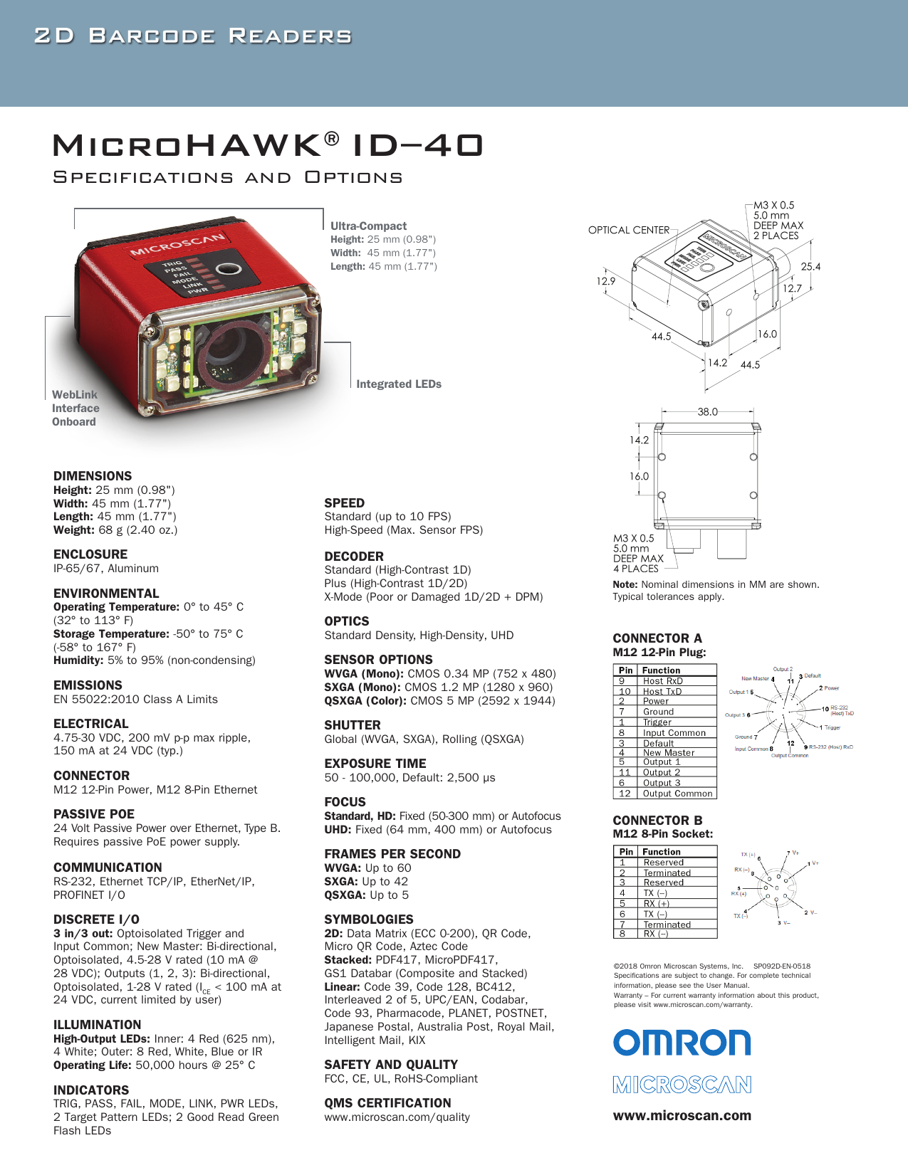 Microscan MicroHAWK Ultra-High Density Imagers, MicroHAWK Barcode Readers Specification | Manualzz