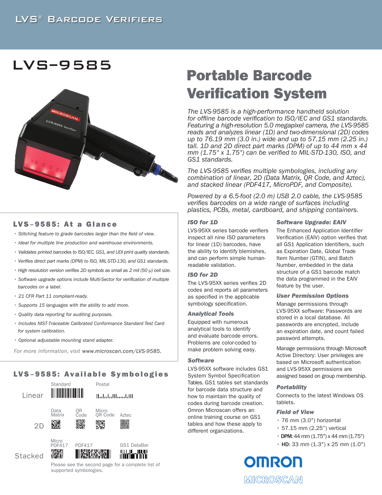 Microscan LVS® 9585 Handheld Barcode Verifier Specification | Manualzz