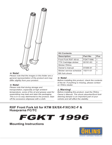 Ohlins FGKT1996 RXF Front Fork kit for KTM SX/SX-F/XC/XC-F & Husqvarna ...