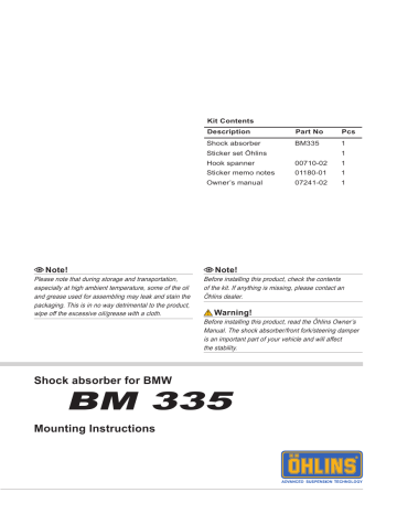 Ohlins BM335 BMW R 1100 RS front Mounting Instruction | Manualzz