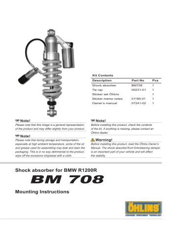 Ohlins BM708 BMW R1200R rear Mounting Instruction | Manualzz