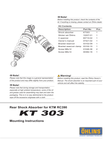 Ohlins KT303 KTM RC 390 Mounting Instruction | Manualzz