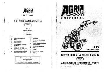Agria 1600 / 1600L Universal Machine 5 hp Bedienungsanleitung | Manualzz
