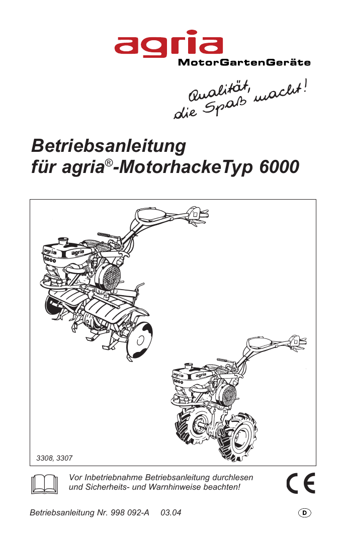 Agria 6000 Power Tiller and Multi-Purpose Machine Bedienungsanleitung ...