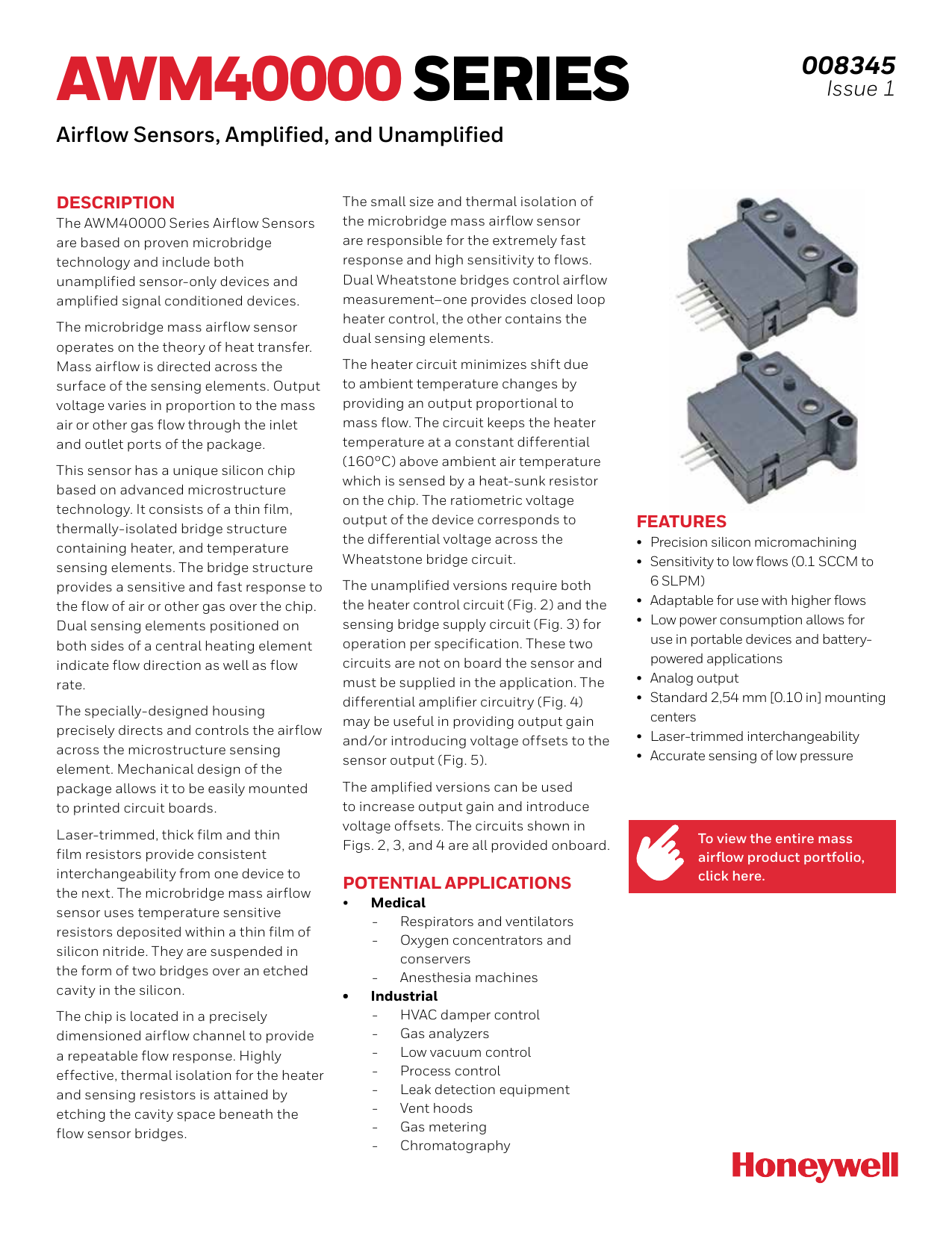 Honeywell AWM40000 Series Airflow Sensors, Unamplified and Amplified ...