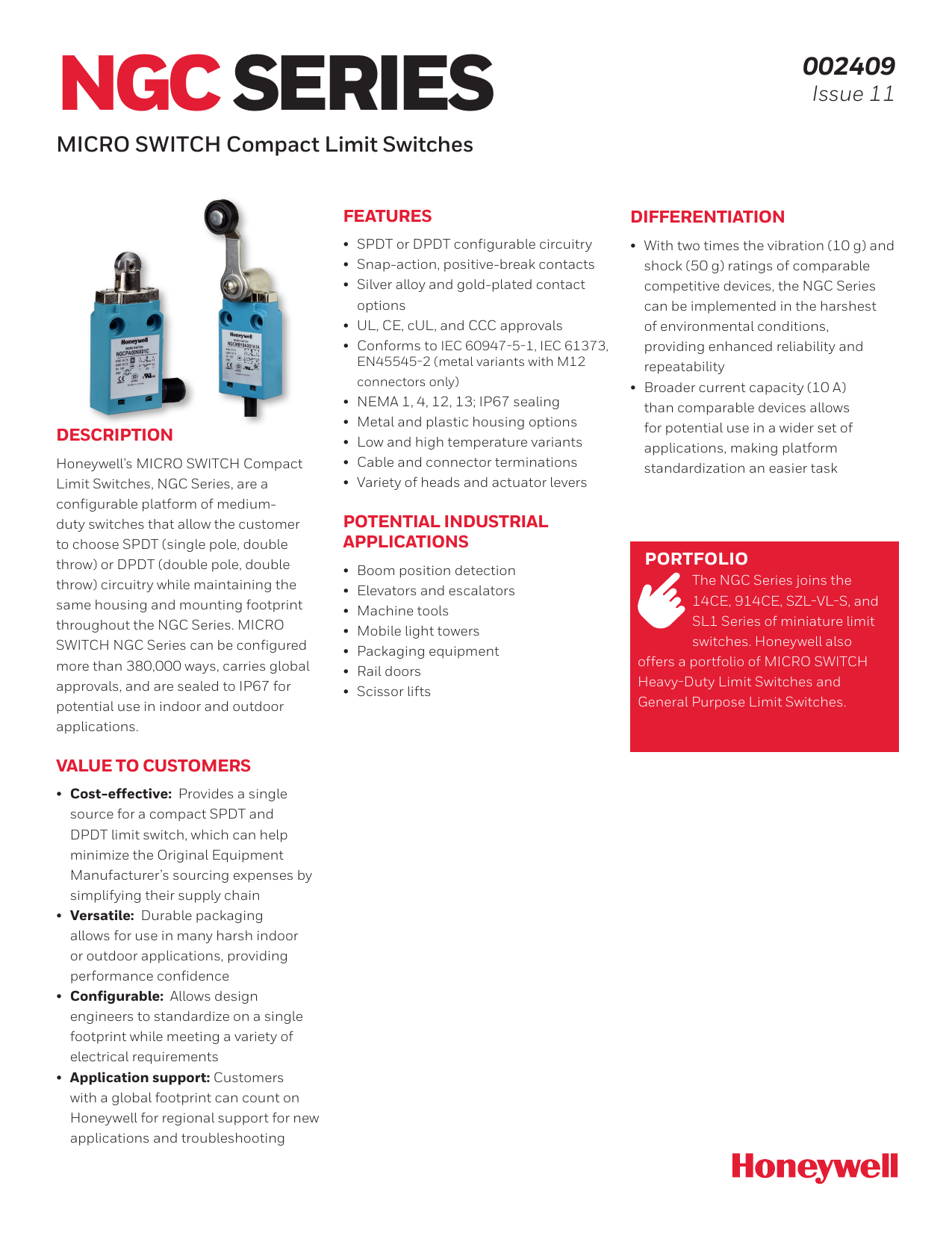 Honeywell MICRO SWITCH NGC Series Limit Switches Datasheet | Manualzz