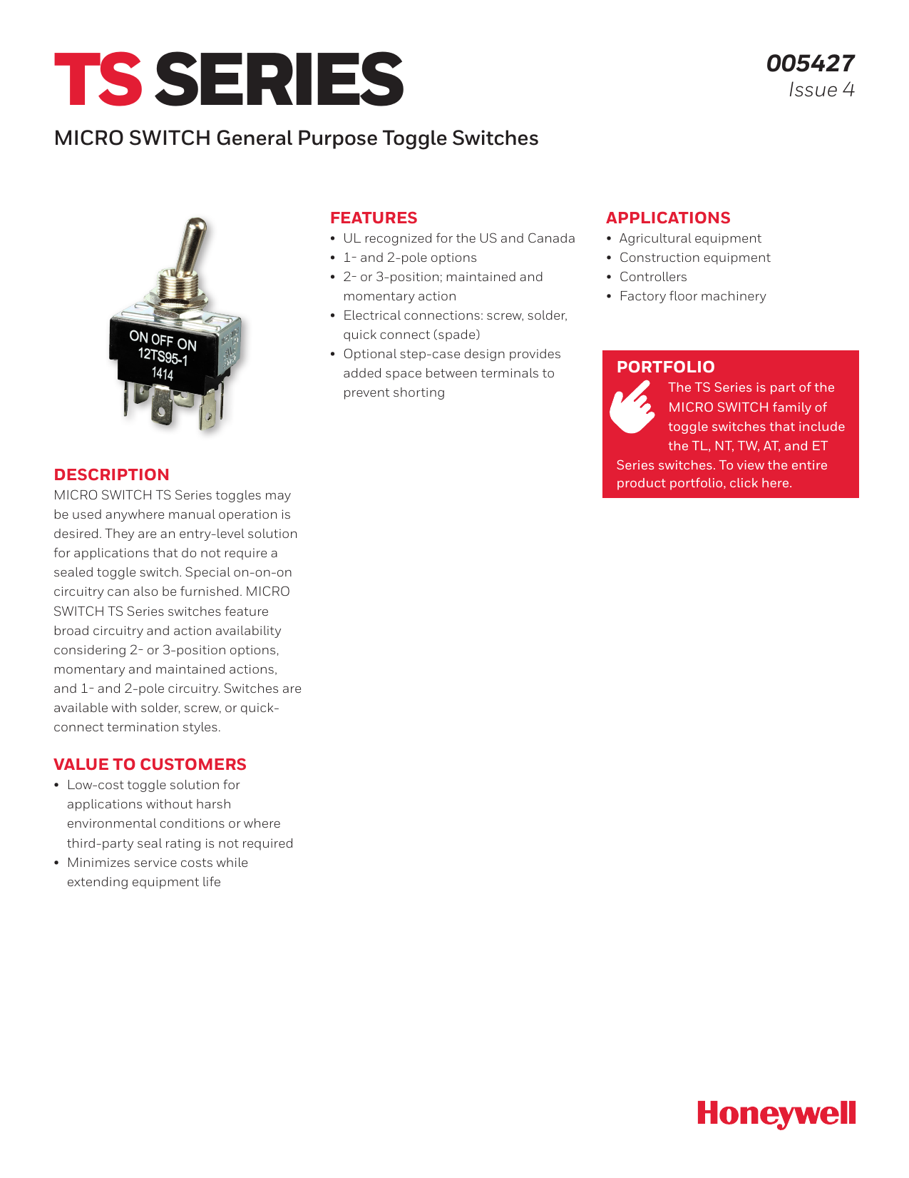 Honeywell MICRO SWITCH TS Series General-Purpose Toggle Switch ...
