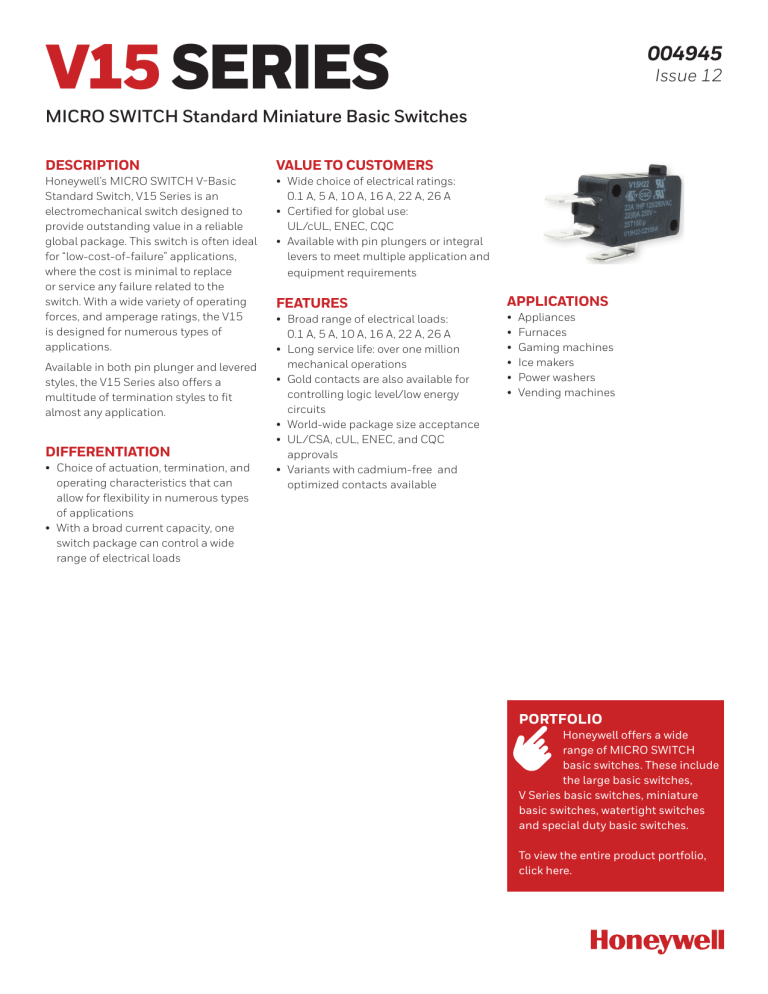 Honeywell MICRO SWITCH V15 Series Standard Basic Switches Datasheet ...