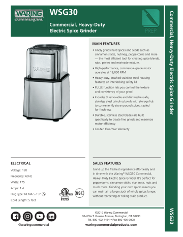 Waring WSG30 Commercial Heavy-Duty Electric Spice Grinder Spec Sheet ...