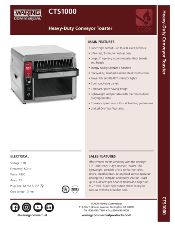 Waring CTS1000 Heavy-Duty Conveyor Toaster Spec Sheet | Manualzz