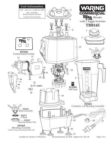 Waring TBB145 Torq 2.0 2-HP Blender Parts Diagram | Manualzz