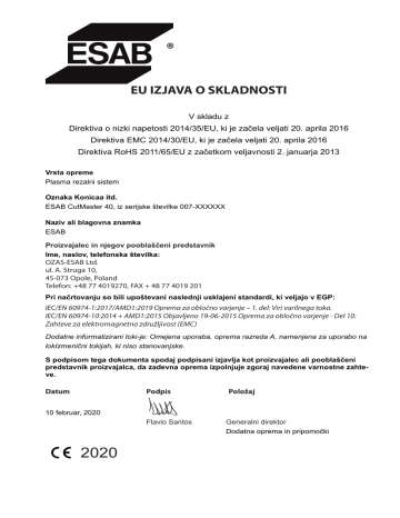 ESAB CUTMASTER 40 PLASMA CUTTING SYSTEM Izjava o skladnosti | Manualzz