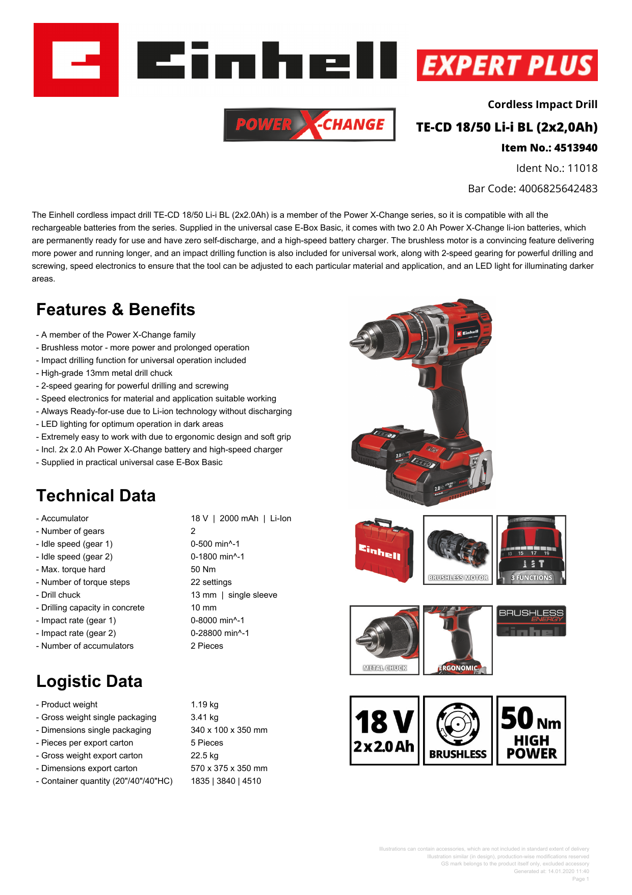 Einhell TE-CD 18/50 Li-i BL (2x2,0Ah) Cordless Impact Drill Product ...
