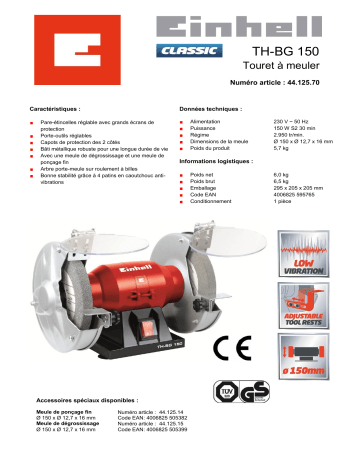EINHELL TH-BG 150 Bench Grinder Fiche technique de produit | Manualzz
