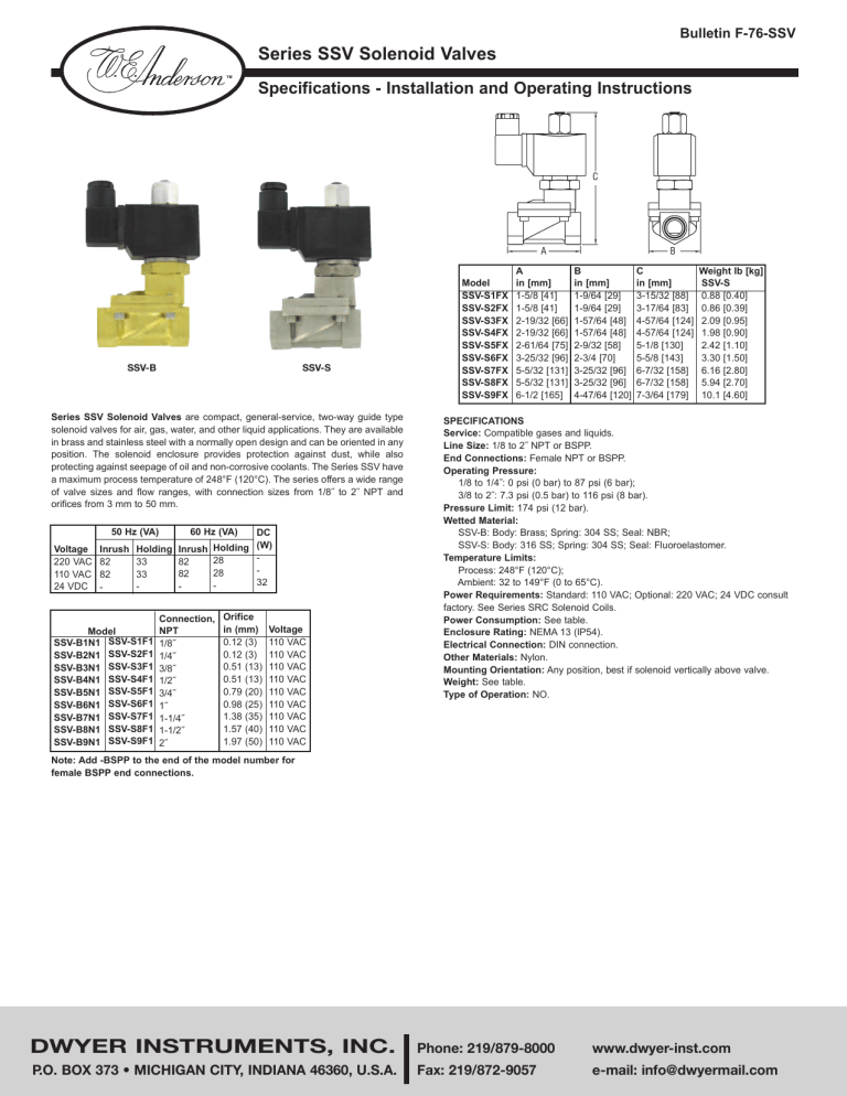 Dwyer Series SSV-S, Series SSV-B User manual | Manualzz