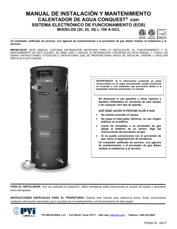 PVI Industries Conquest 100 Gas Condensing water heater Installation manual | Manualzz