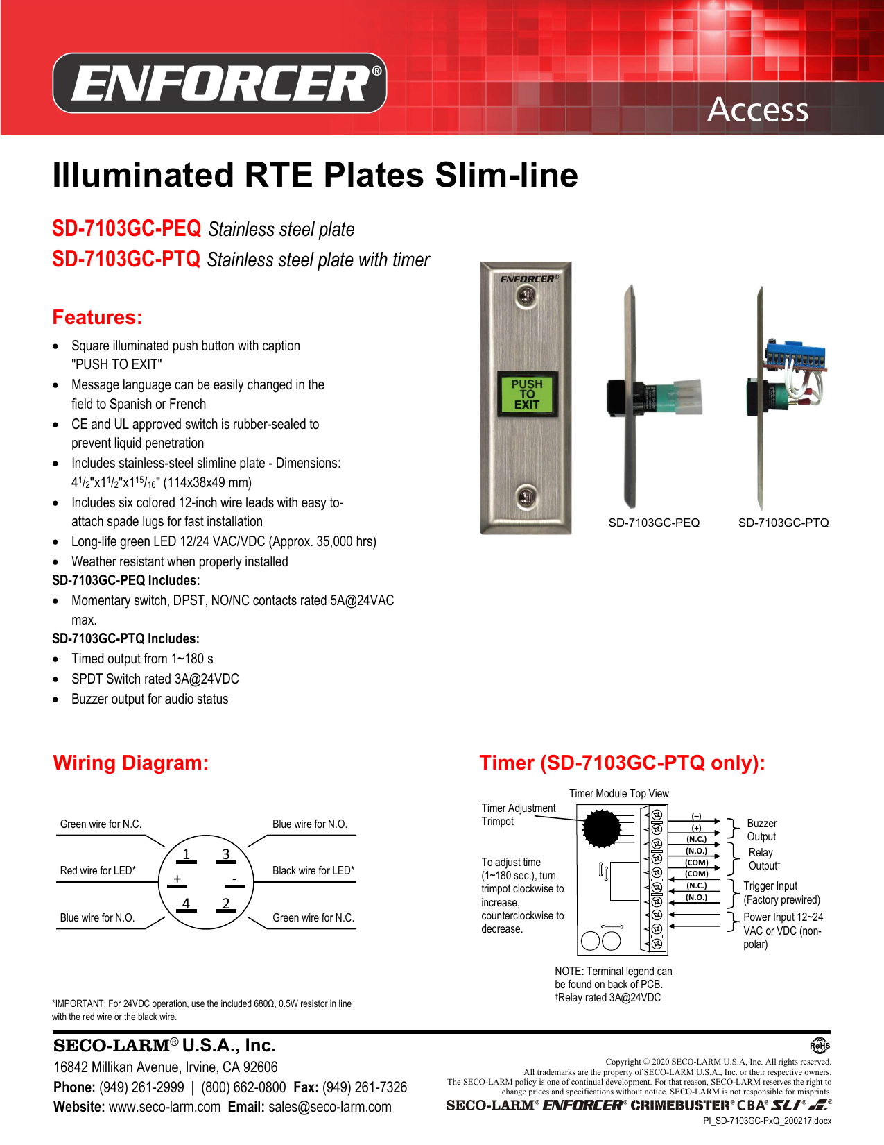 SECO-LARM SD-7103GC-PTQ Slimline LED-Illuminated RTE Wall Plate, Built ...
