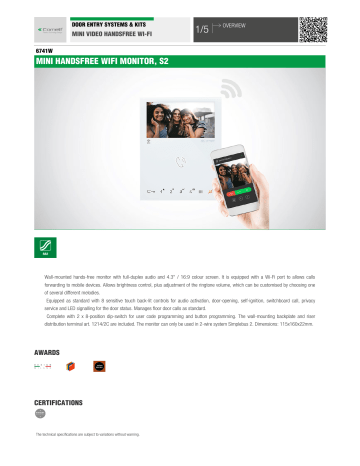 Comelit 6741W Mini Hands-free Wi-Fi Monitor Datasheet | Manualzz