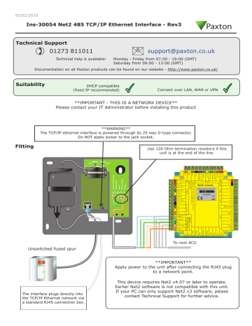 Paxton Net2 485 TCP/IP Ethernet Interface-Rev3 Access Control User Guide | Manualzz