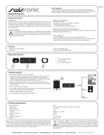 Swis­sonic Bluetooth Receiver Quick Start Guide | Manualzz