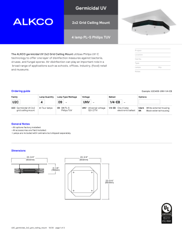 Alkco UV-C 2x2 Grid Ceiling Mount Specifications | Manualzz