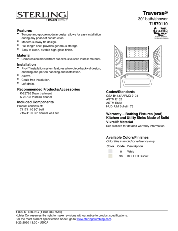 Sterling Plumbing Traverse® 30" Bath/shower Spec Sheet | Manualzz