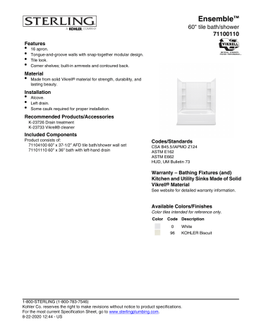 Sterling Plumbing Ensemble™ 60” x 36” Bath/shower Spec Sheet | Manualzz