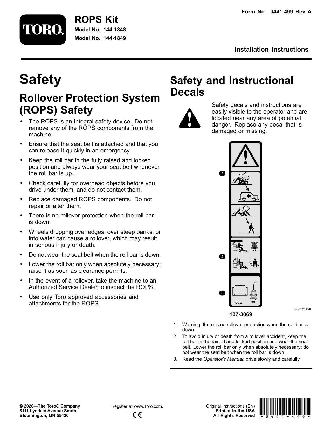 Toro ROPs Kit Installation guide | Manualzz