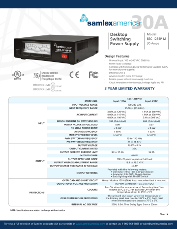 Samlexpower SEC-1235P-M 30 Amp Switching Power Supply Specification ...