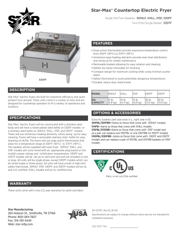 Star 530TF Star-Max® Electric Fryers Spec Sheet | Manualzz