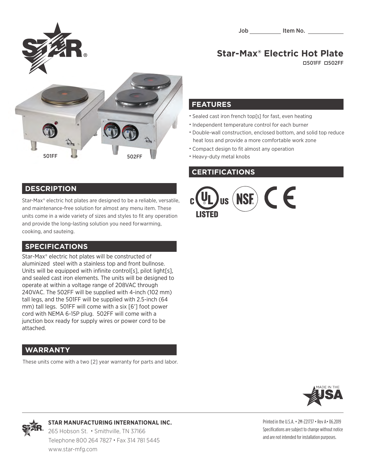 Star 501FF, 502FF Specification | Manualzz