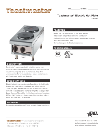 Star TMHPF Toastmaster Electric Hot Plate Spec Sheet | Manualzz