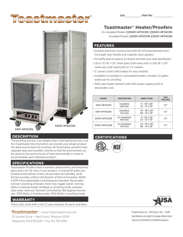 Star 9451-HP12CDN Toastmaster Heater Proofer Spec Sheet | Manualzz