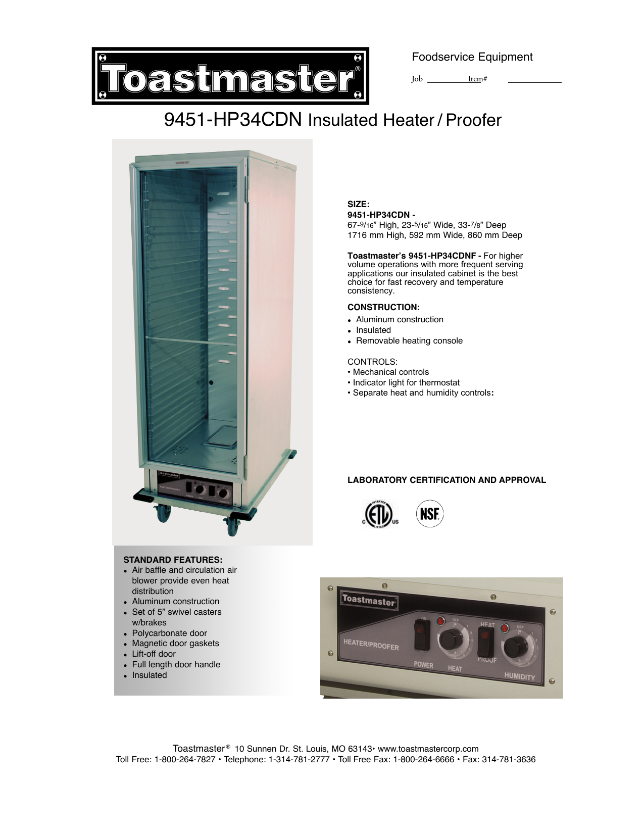 Star 9451-HP12CDN Toastmaster Heater Proofer Spec Sheet | Manualzz