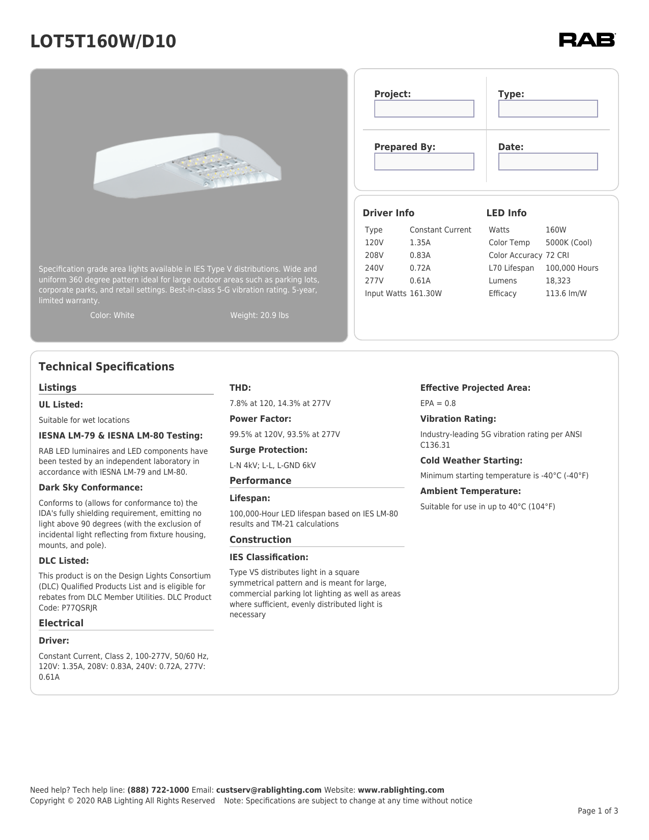 RAB Lighting LOT5T160W/D10 Area Light Spec Sheet | Manualzz