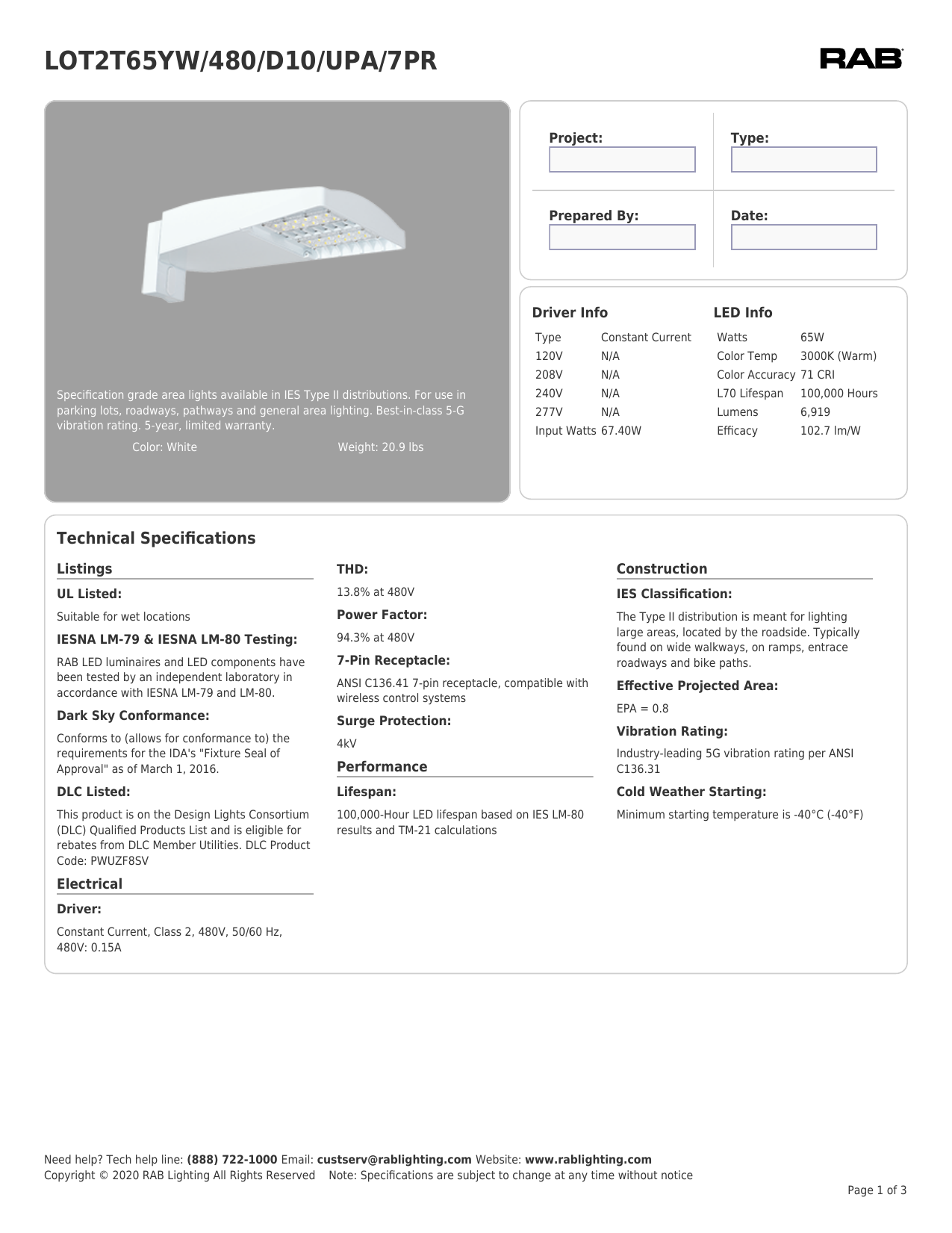 RAB Lighting LOT2T65YW/480/D10/UPA/7PR Area Light Spec Sheet | Manualzz