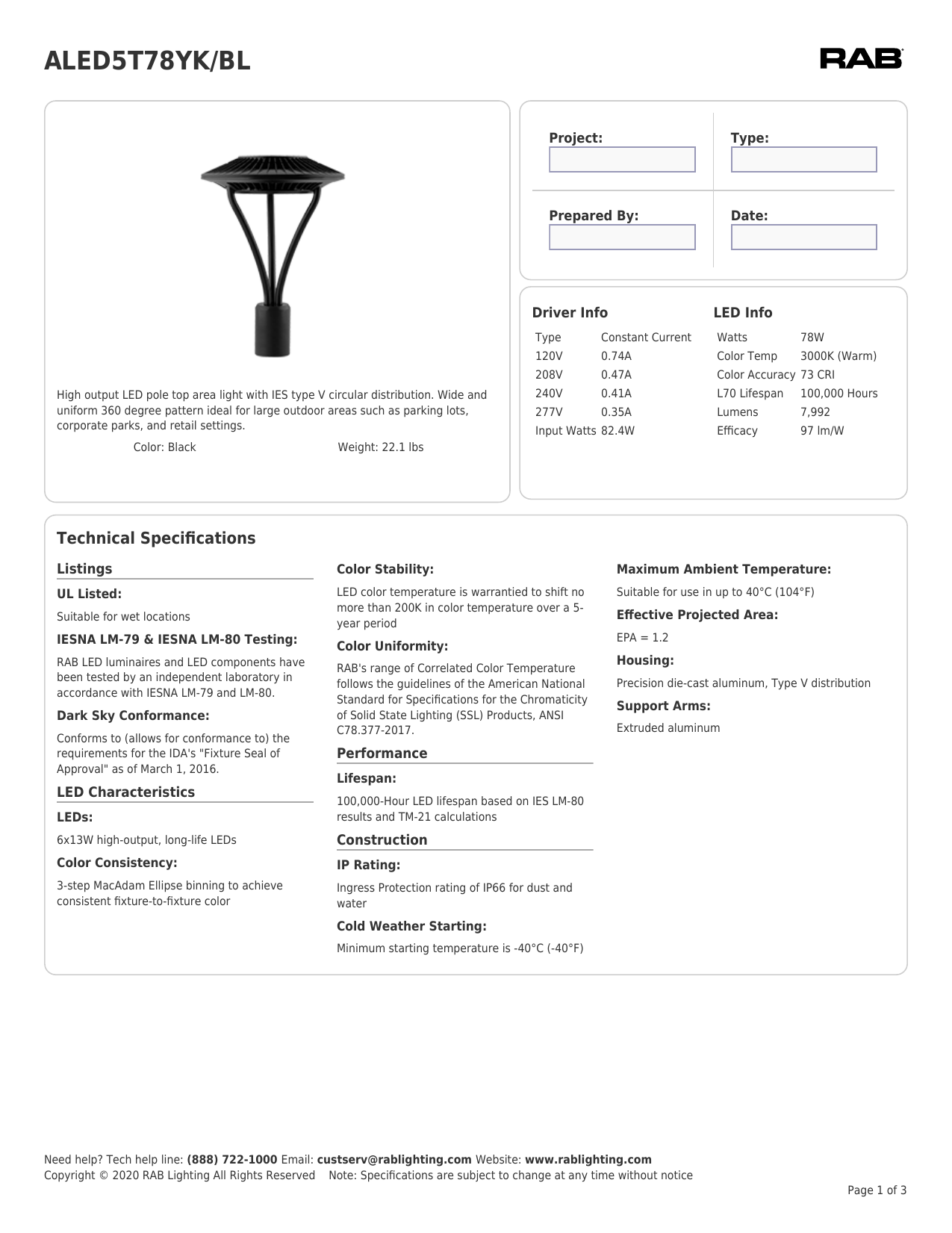 RAB Lighting ALED5T78YK/BL Area Light Spec Sheet | Manualzz