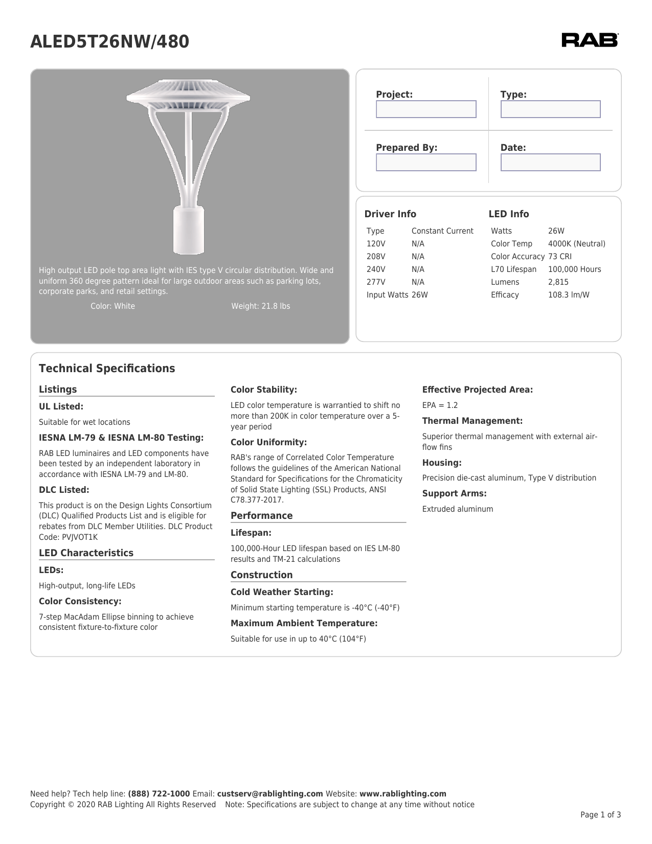 RAB Lighting ALED5T26NW/480 Area Light Spec Sheet | Manualzz