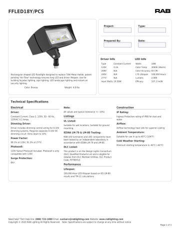 RAB Lighting FFLED18Y/PCS Floodlight Spec Sheet | Manualzz