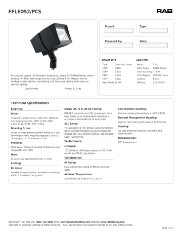 RAB Lighting FFLED52/PCS Floodlight Spec Sheet | Manualzz