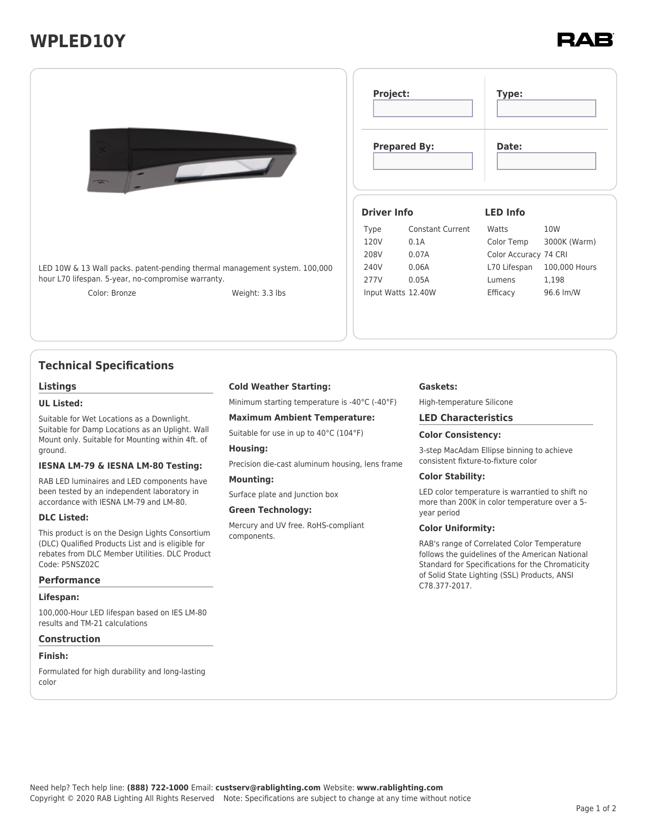 RAB Lighting WPLED10Y Wall Pack Spec Sheet | Manualzz