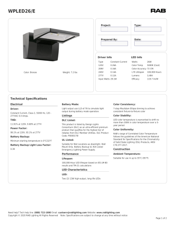 RAB Lighting WPLED26/E Wall Pack Spec Sheet | Manualzz