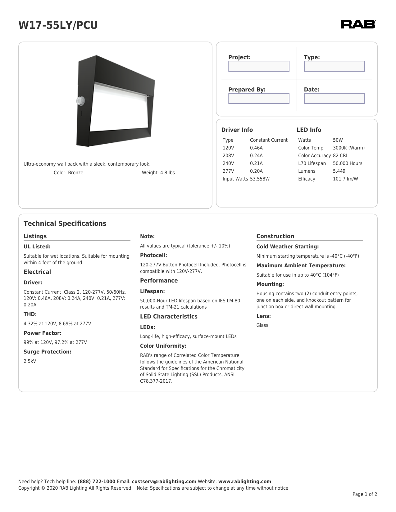 RAB Lighting W17-55LY/PCU Specification | Manualzz