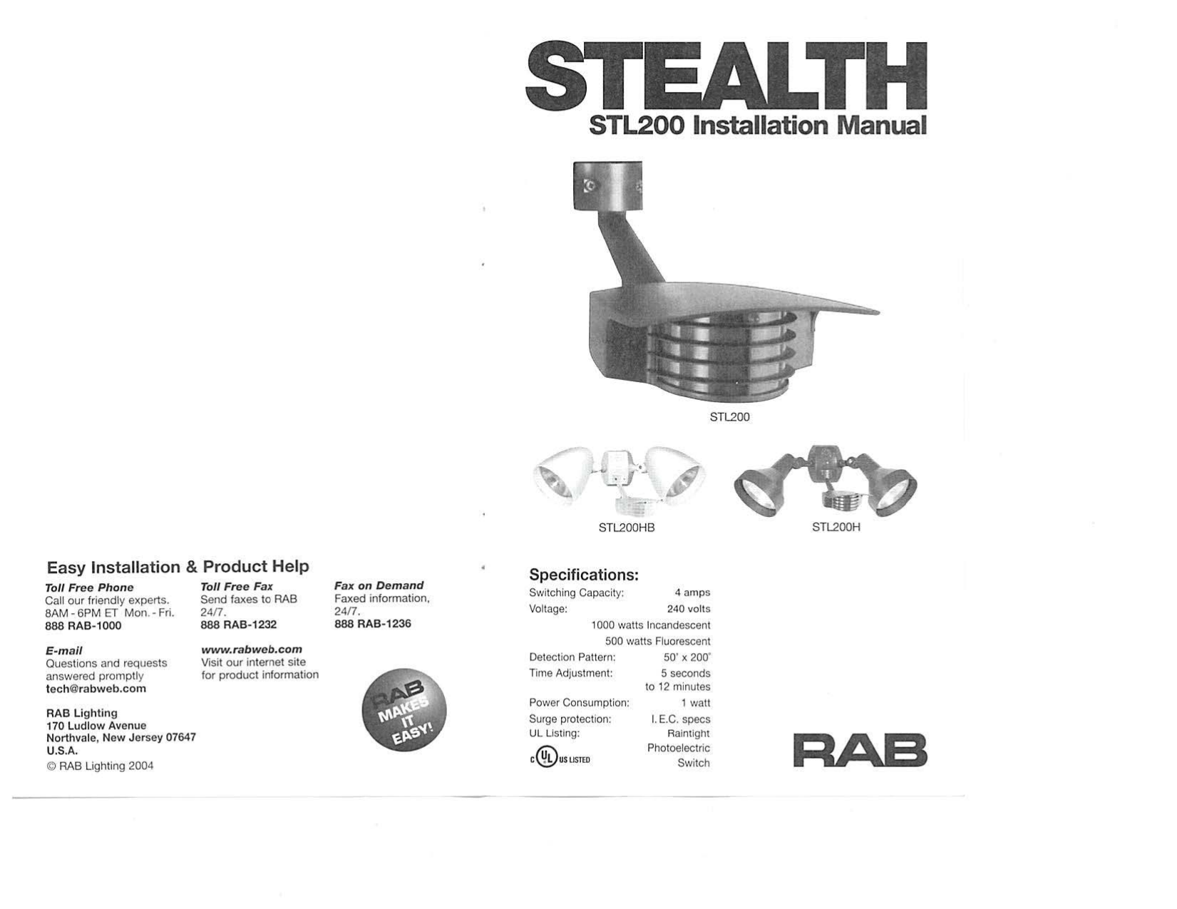 Rab Lighting Stl200 Stealth Sensor Security Light Manual | Shelly Lighting