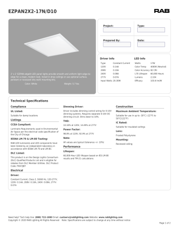 RAB Lighting EZPAN2X2-17N/D10 Panels & Troffer Spec Sheet | Manualzz